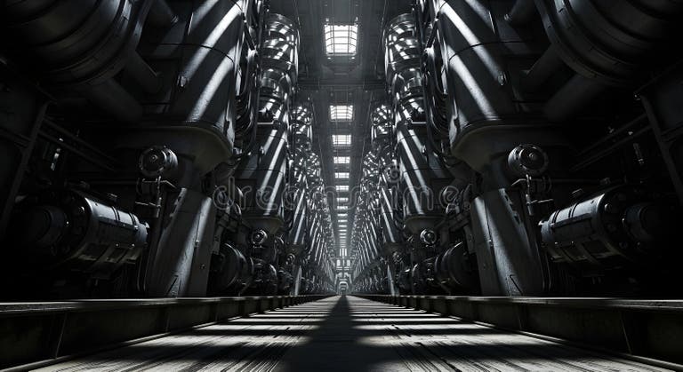 Massive Industrial Engine Room with Rows of Powerful Machinery and ...
