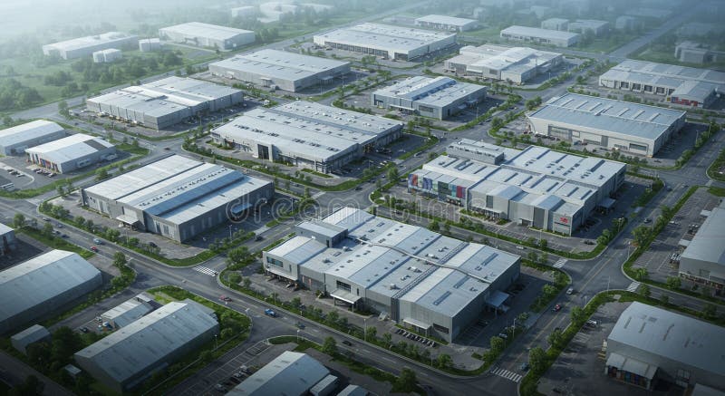 A Vast Industrial Park with Numerous Large, Rectangular Warehouses ...