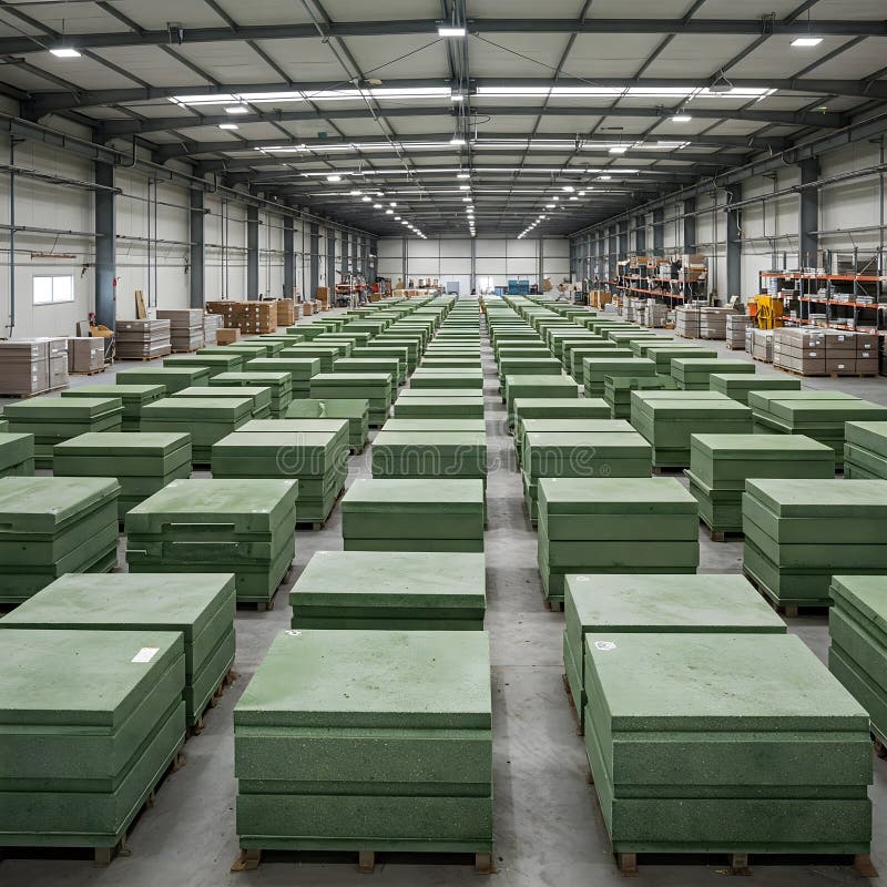 A Vast, Industrial Warehouse Filled with Rows of Stacked, Green ...