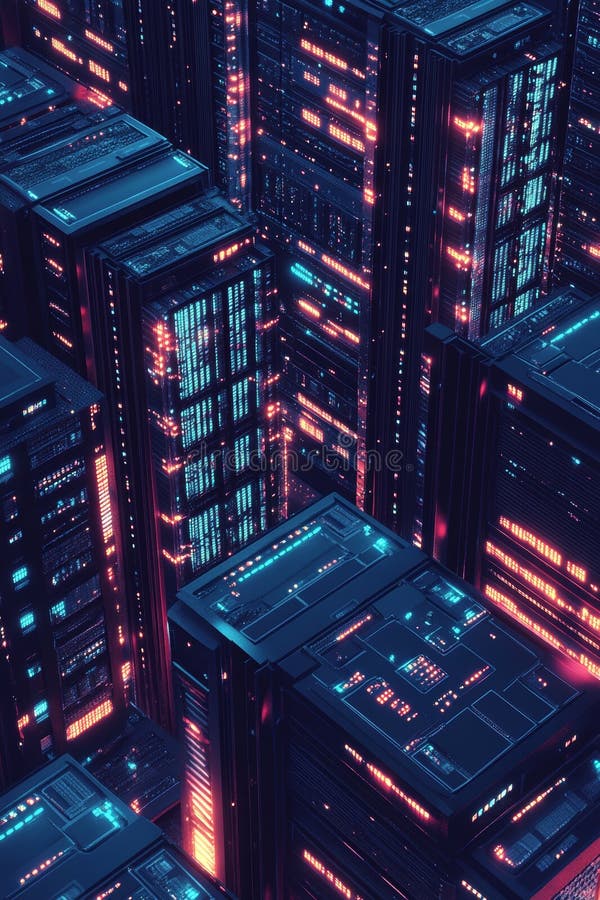 Vast Isometric Perspective of a Server Farm with Neon Lights and High ...