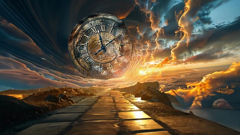 Surreal Landscape with a Giant Clock in the Sky during Sunset, Merging ...