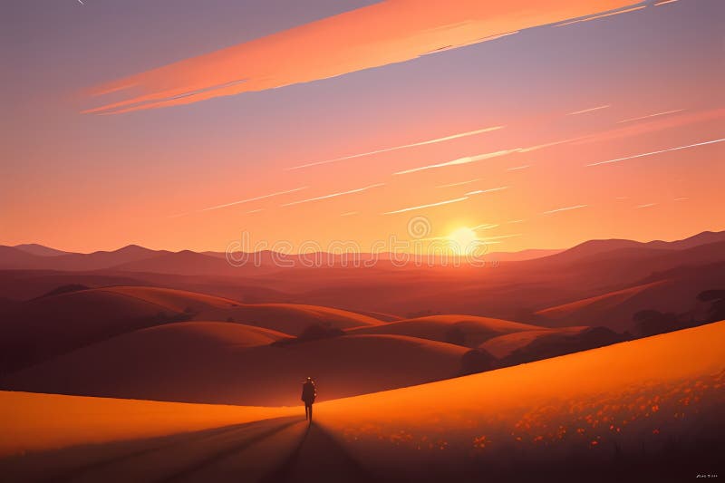 A Vast Landscape at Sunset, with a Silhouette of a Man, Facing the ...