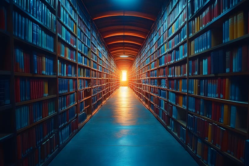 Endless Library Aisle Illuminated by Radiant Sunset Glow - Knowledge ...
