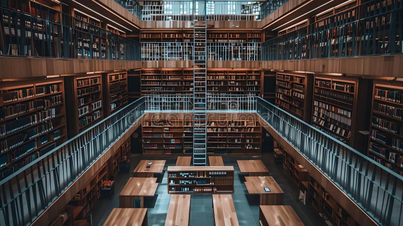 Vast Library Interior Overlooking Rows of Books. Symmetrical Design and ...