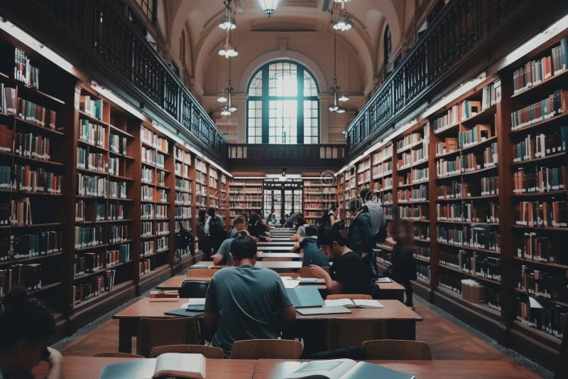 A Vast Library Packed with Numerous Books on Shelves, with Students ...