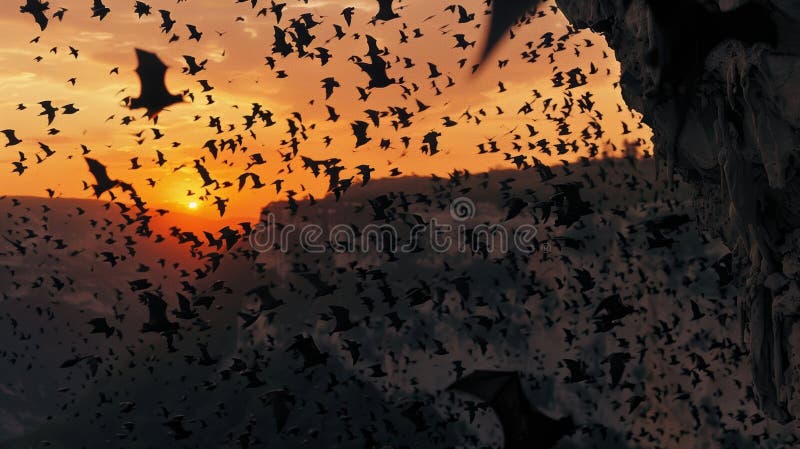 A Vast Migration of Bats Emerging from a Cave and Flying Towards Their ...