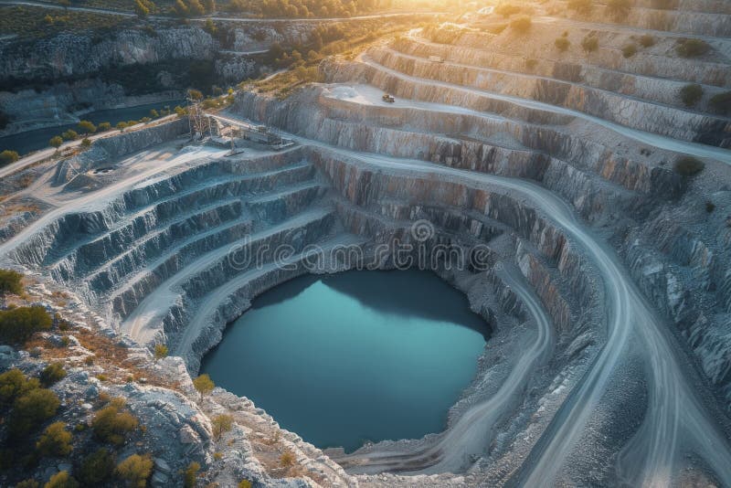 Vast Mining Quarry with Spiraling Roads and Luminous Water Basin Stock ...