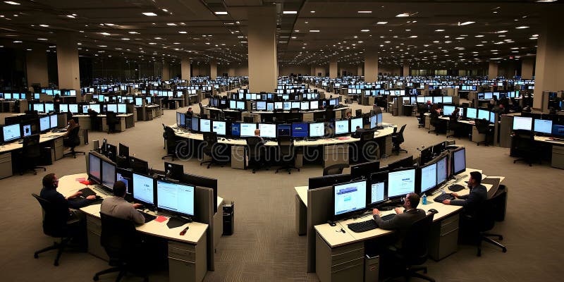 Large Modern Office Workplace with Numerous Computer Monitors and ...