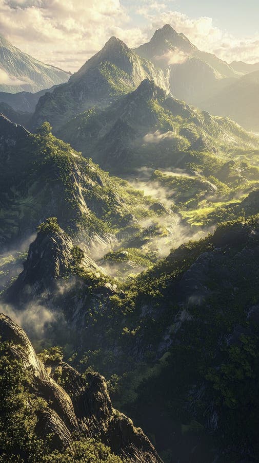 Vast Mountain Landscape Under Dramatic Sunlight Rays Stock Illustration ...