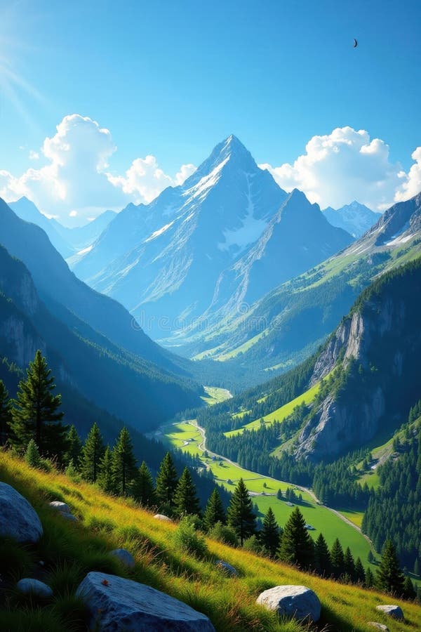 Vast Mountain Range, Sunlit Valley, Clear Sky, Illustration, Peak ...