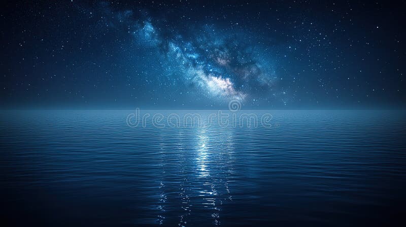 Vast Night Sky Above a Tranquil Ocean, Reflecting the Milky Way Stock ...
