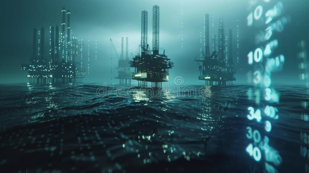 A Vast Ocean of Binary Code with Towering Drilllike Rigs Plunging Deep ...