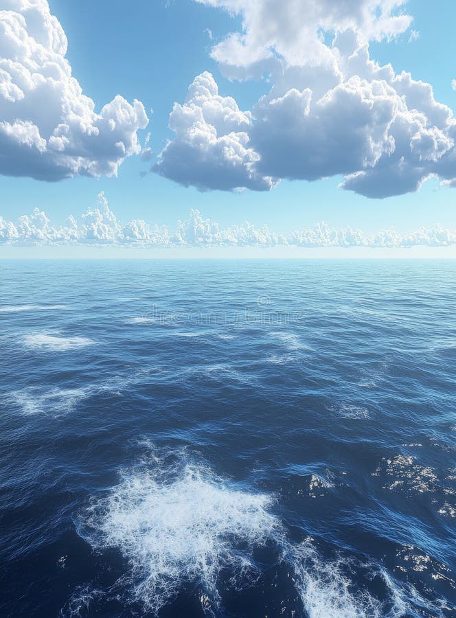 Vast Ocean Under a Bright Sky with Fluffy Clouds during a Serene Day in ...