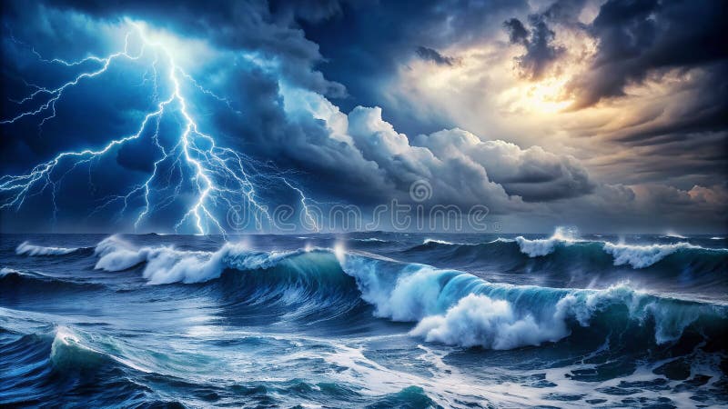The Vast Ocean Under the Stormy Sky with Lightning and Thunder in Dark ...