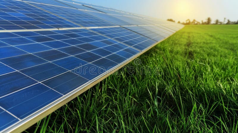 In a Vast Open Field Rows and Rows of Solar Panels Stretch Out into the ...
