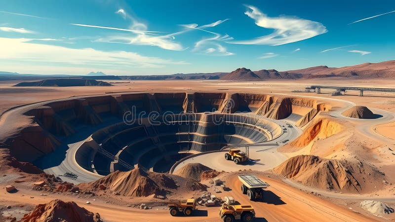 Vast Open-pit Mine in a Desert Landscape with Trucks and Infrastructure ...