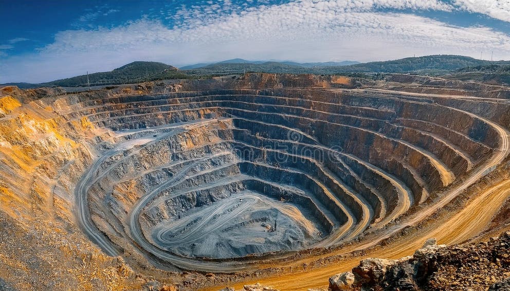 A Vast Open-pit Mine with Terraced Layers Under a Clear Sky. Stock ...