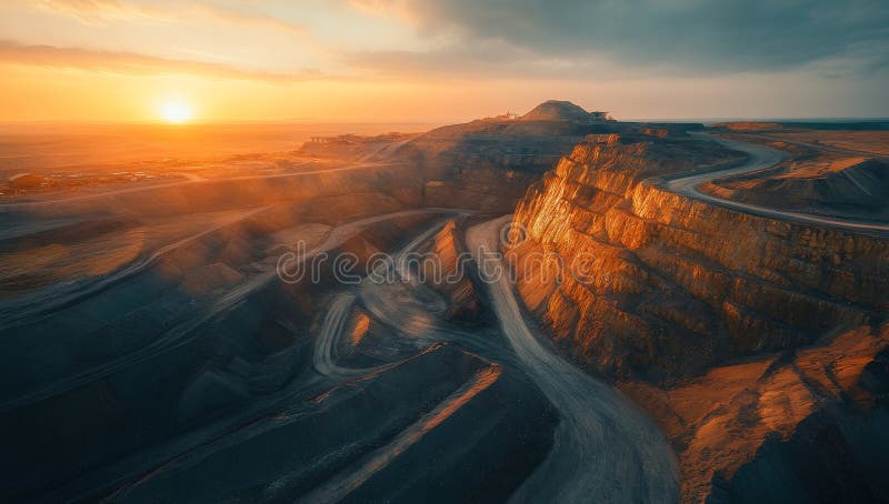 A Vast Open Pit Mine is Visible from the Air Under a Vibrant Sunset Sky ...