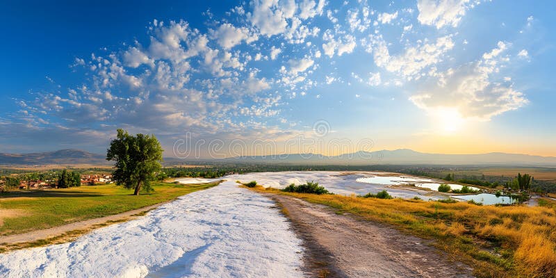 Vast Panorama of White Calcium Carbonate Terraces with Pools Reflecting ...