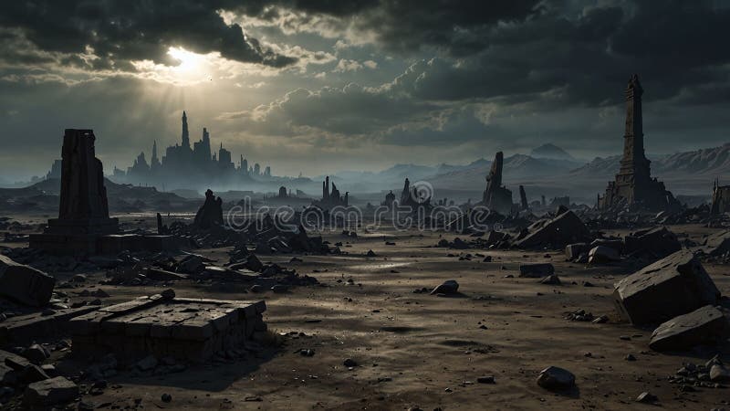 Vast Post-Apocalyptic Wasteland with Ruins and Dramatic Clouds Under ...