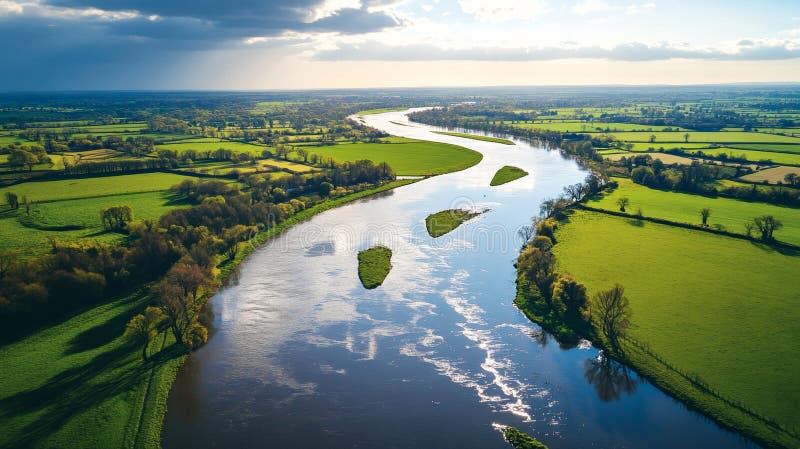 Vast River Overflowing in Spring Amidst Lush Green Fields and Blooming ...