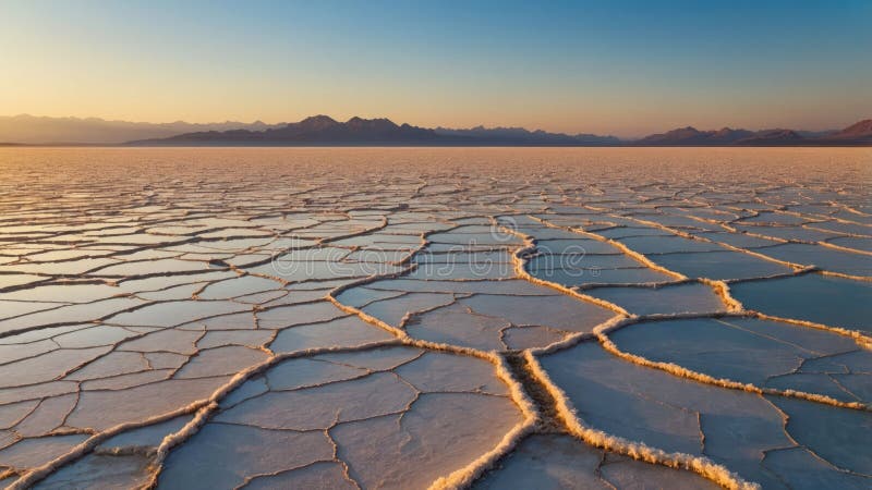 Arid Landscape: Cracked Salt Flats at Sunset with Mountain Range Stock ...