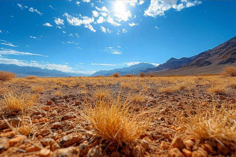 Vast Sandy Desert Panorama Under a Vivid Blue Sky, Creating a Stunning ...
