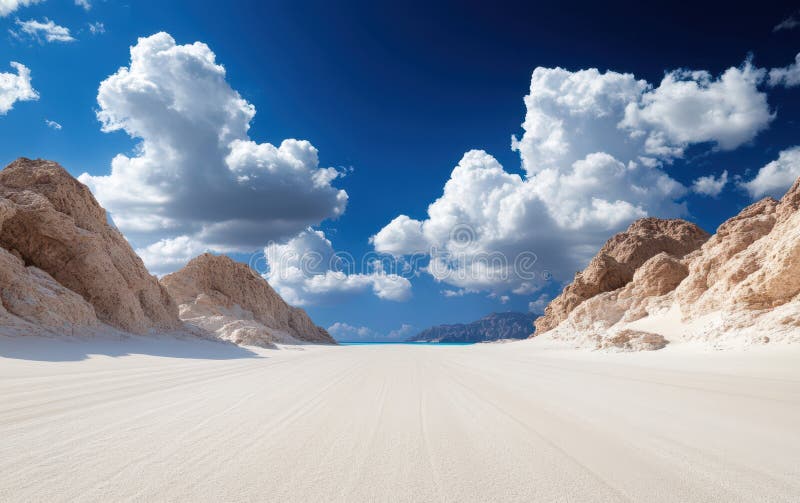 A Vast Sandy Landscape Features a Prominent Mountain in the Background ...