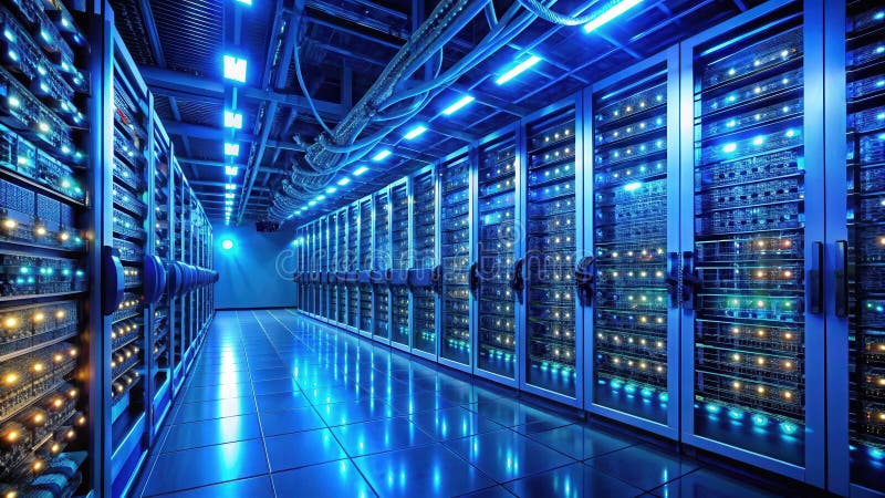 A Vast Server Room Illuminated with Blue Lighting, Showcasing Rows of ...
