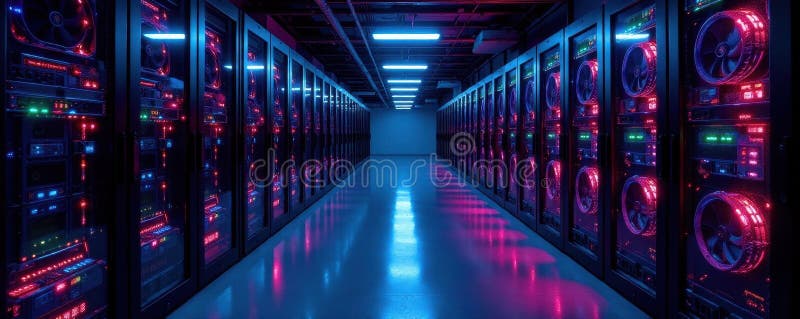 Vast Server Room, Rows of GPU Mining Rigs, Humming Cooling Systems ...