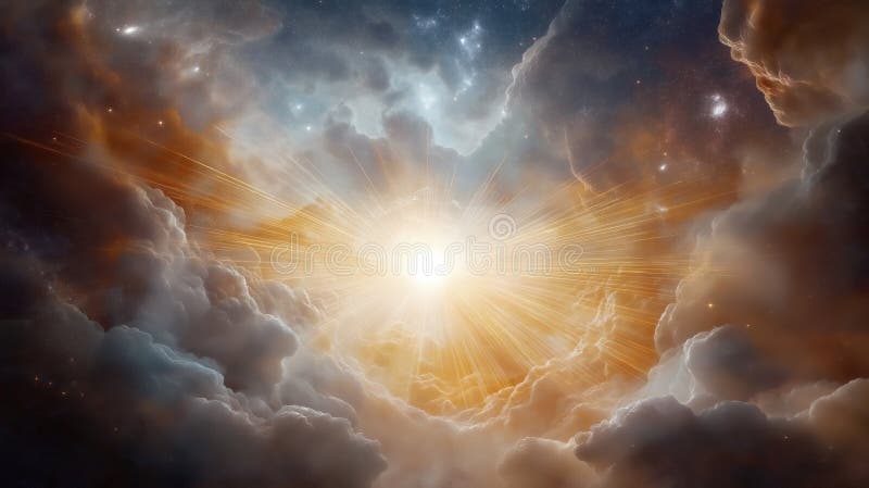 Vast Sky Scene Shows Explosion of Light Piercing through Clouds. Bright ...