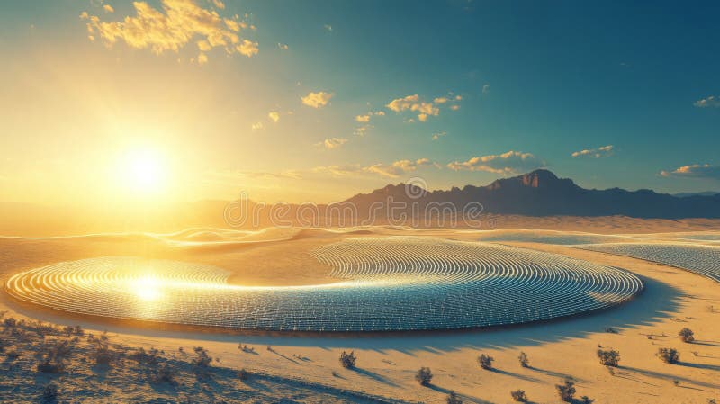 Vast Solar Array in Desert at Sunset Stock Illustration - Illustration ...