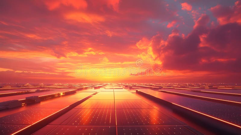 Vast Solar Farm during Dramatic Sunset Clouds and Light Stock Image ...