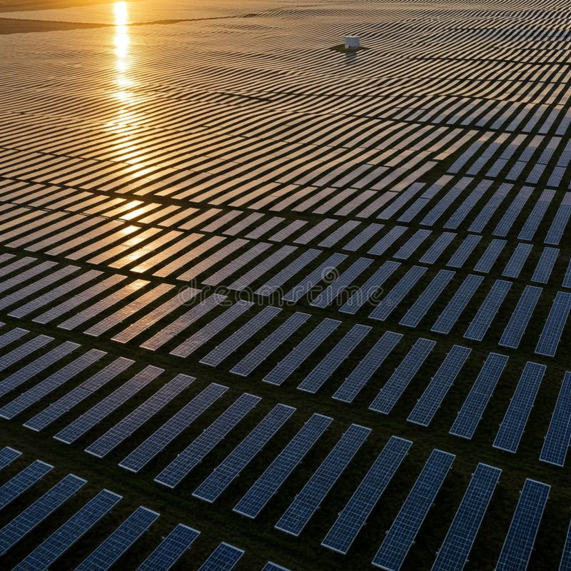 Vast Solar Farm with Parallel Rows of Solar Panels Extending into the ...