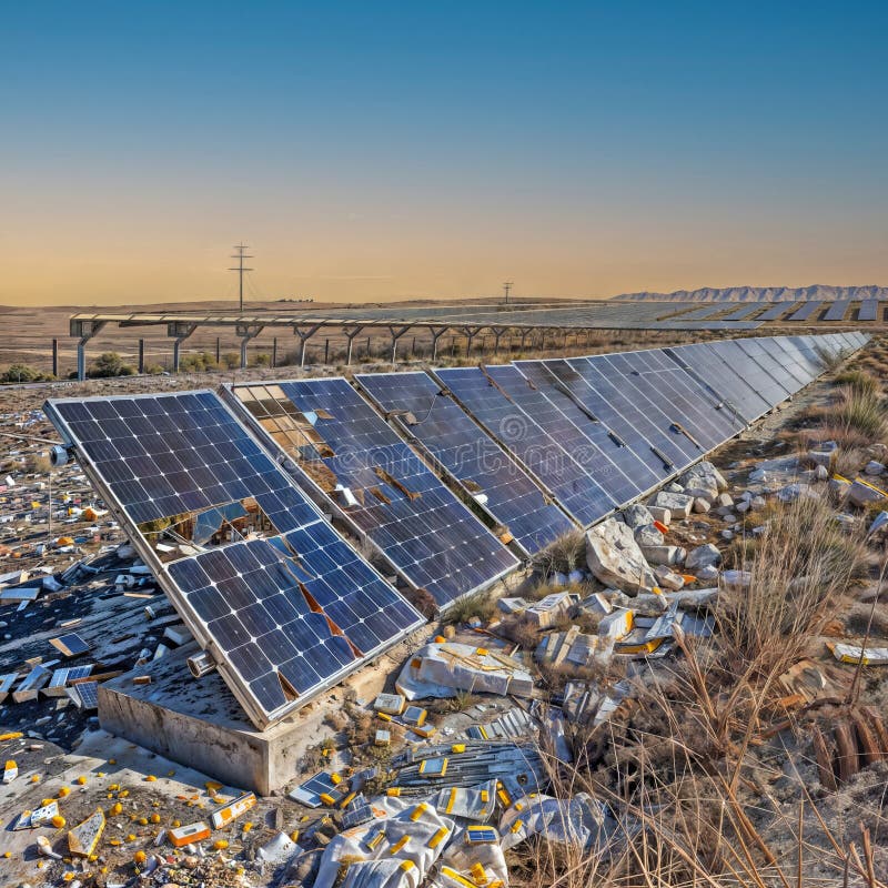 Vast Solar Panel Array with Damaged and Intact Panels Against Mountains ...