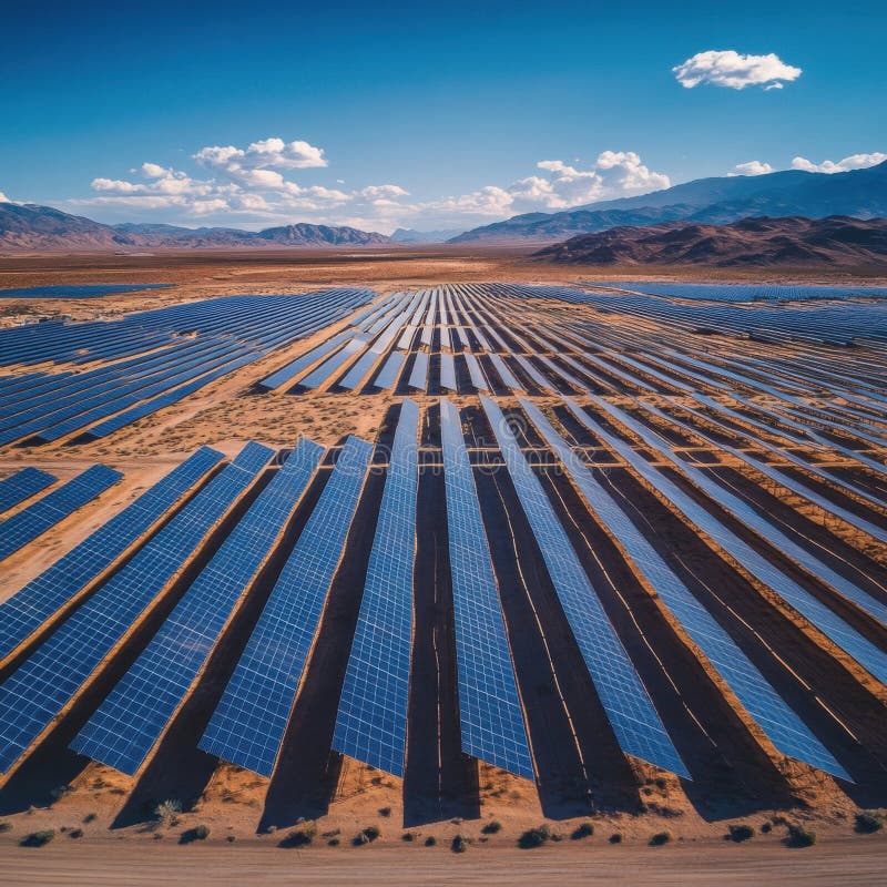 Vast Solar Panel Array in Desert Landscape Under Clear Blue Sky Stock ...