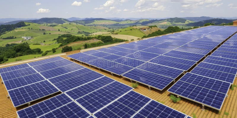 Vast Solar Panel Array on Expansive Rural Rooftop, Green Hills ...