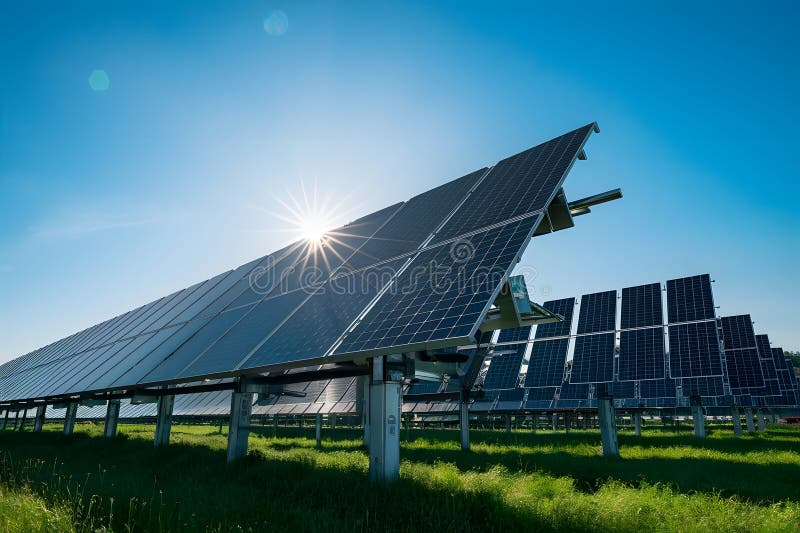 Vast Solar Panel Array in Green Field Under Clear Blue Sky, Sunburst ...
