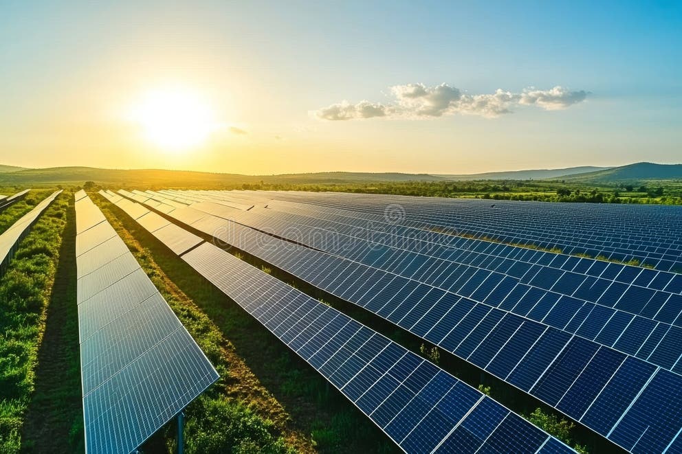 Vast Solar Panel Array Stretching Across Rolling Green Hills Under a ...