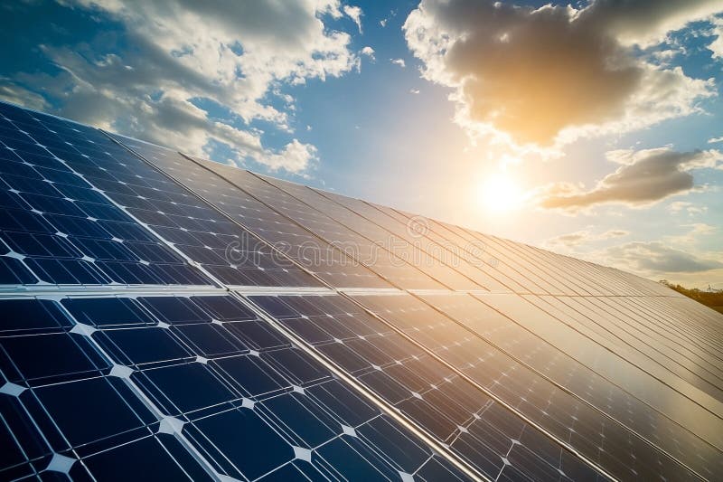 Vast Solar Panel Array Under a Bright Blue Sky Harnessing Sun Energy ...