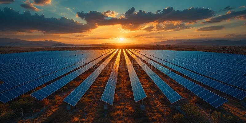 A Vast Solar Panel Field at Sunset, with Rows of Panels Capturing the ...