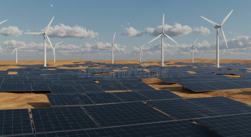 Vast Solar and Wind Farm in Arid Desert Landscape Stock Illustration ...