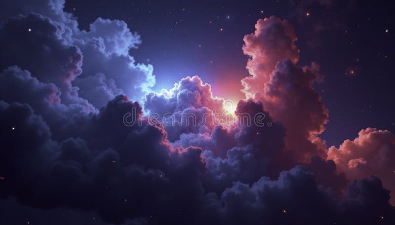 Vast Space with Blue and Red Glowing Gas Clouds, Galaxies, Starry Night ...
