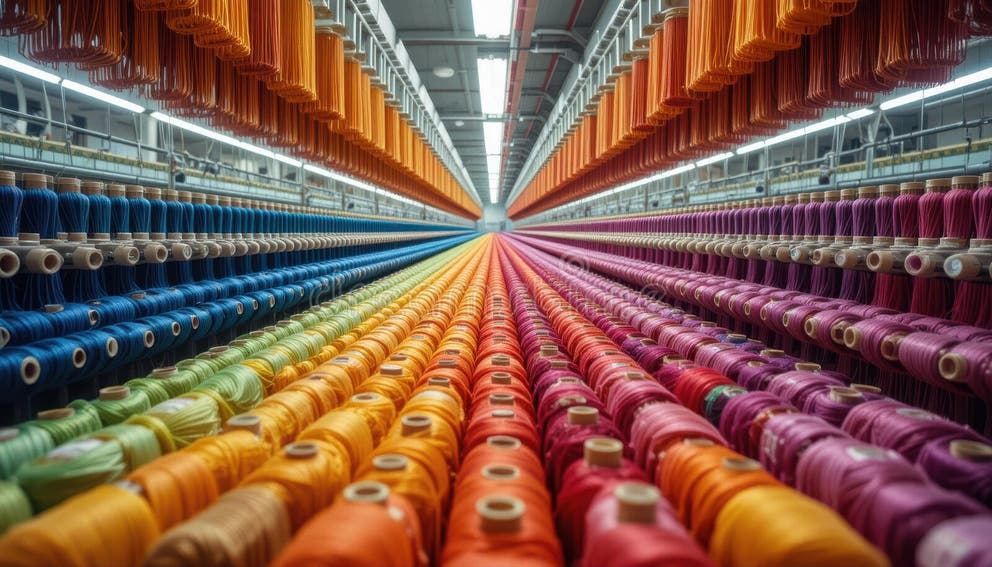 Vast Textile Factory Interior with Countless Spools of Vibrant Thread ...