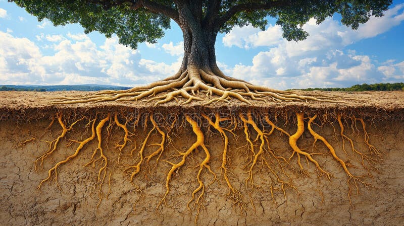Deep Tree Roots System in Dry Earth Cross-Section Stock Illustration ...