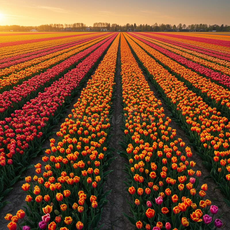 Vast Tulip Fields Display Rows of Vibrant Orange and Pink Tulips ...
