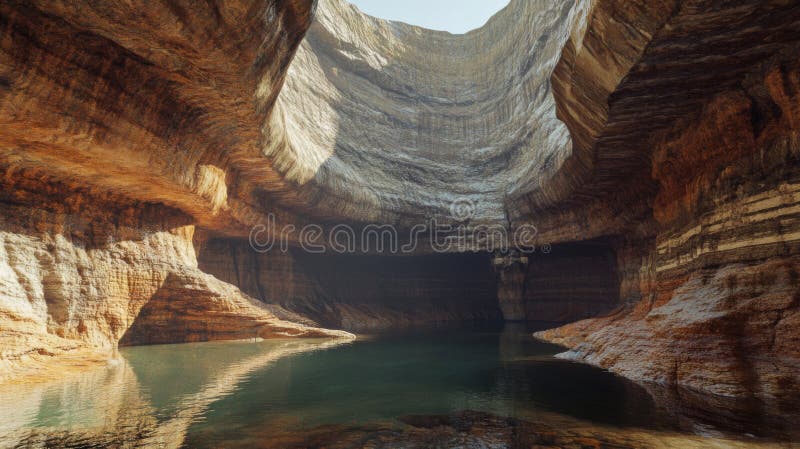 Vast Underground Cave with Still Water Reflection Stock Illustration ...