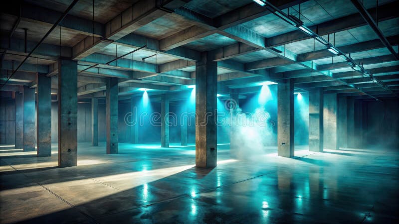 Vast Underground Space with Teal Lighting and Concrete Pillars ...