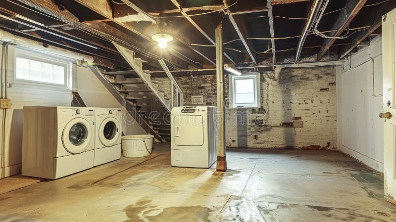 A Vast, Unoccupied Basement Houses a Laundry Section, Blending Utility ...