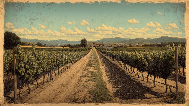 A Vast Vineyard Stretches Out in Nature, Rendered in a Simple Black and ...